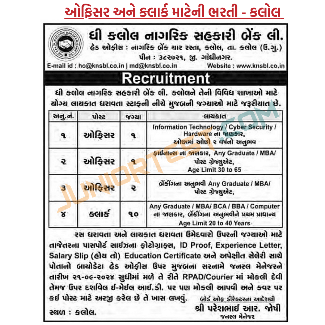 The Kalol Nagrik Sahakari Bank Ltd. Recruitment